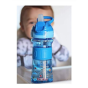 Nuby Thirsty Kids Push Button Flip-it Soft Spout on The Go Water Bottle (Green/Blue)