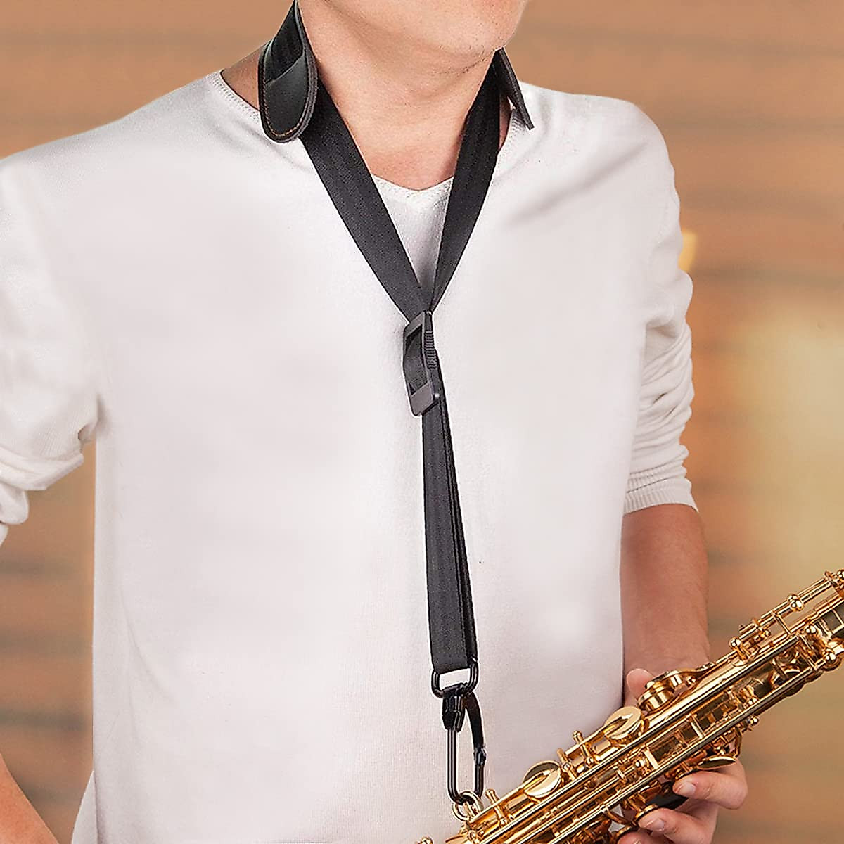 e-Times Saxophone Neck Strap, Soft Adjustable Sax Leather Neck Padded for Alto Tenor Soprano Baritone Sax, Clarinet