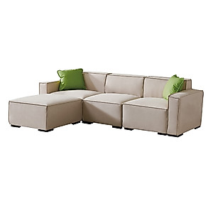 Tiokop Faux Leather Fabric Reversible 4 Seater Sectional Couch with Storage, Modular Sofa L Shape with Convertible Ottoman Chaise, Beige