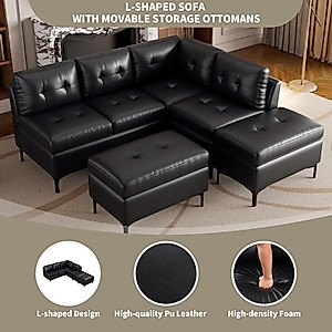 Linique 94.8" L-Shaped Pu Leather Sofa with 2 Movable Storage Ottoman, Modern Sectional Sofa Set for Living Room, Apartment, Black