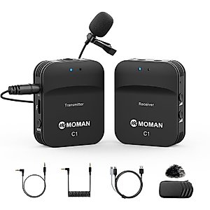 Moman Wireless Lavalier Microphone, 2.4GHz Compact Wireless Lapel Mic System with Noise Cancellation Transmission 8H Battery Life for DSLR Cameras/Smartphone/Tablet/Live Streaming (C1 Solo)