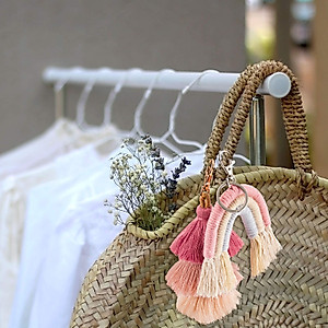 Hicarer 2 Pieces Boho Rainbow Keychains Pom Pom Tassel Macrame Keychains for Women(Fresh Color)