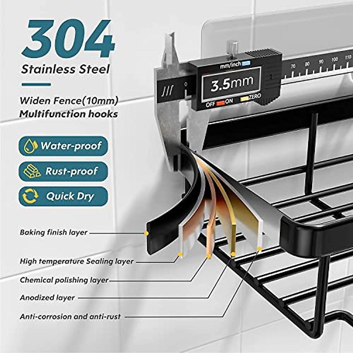 Amorettise 12 Pack Shower Caddy, Shower Shelves - 6 Pack Adhesive Bathroom Shower Shelf No Drilling with 6 Soap Holders, Stainless Shower Rack Bathroom Organizer for Storage Decor (Black)