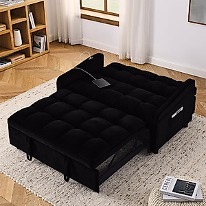 Verfur 3 in 1 Pull Bed Sleeper, Modern Upholstered Loveseat Lounge Sofa & Couches w/Reclining Backrest, Convertible Futon Love Seat Small Furniture for Living Room, Black w/USB Charging