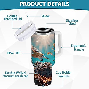 RPLIFE Colorful Coral Sea Turtle Tumbler, Stainless Steel Mug, Water Tumbler with Straw