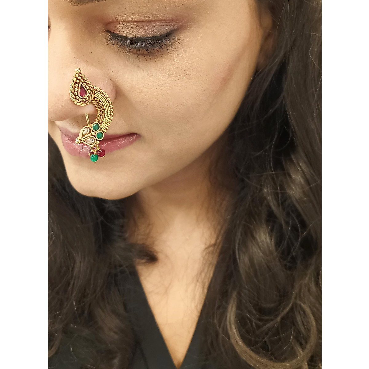 Efulgenz Indian Nose Rings for Women Traditional Nose Nath Crystal Kundan Faux Pearl Clip On Nose Ring Pin Stud Fake Septum Ring Non Piercing Body Jewelry Press Nose Rings for Women Indian