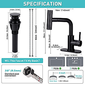 Bathroom Faucet 4 in 1, Faucet for Bathroom with Pull Down Sprayer, Matte Black Bathroom Sink Faucet for 1 or 3 Holes