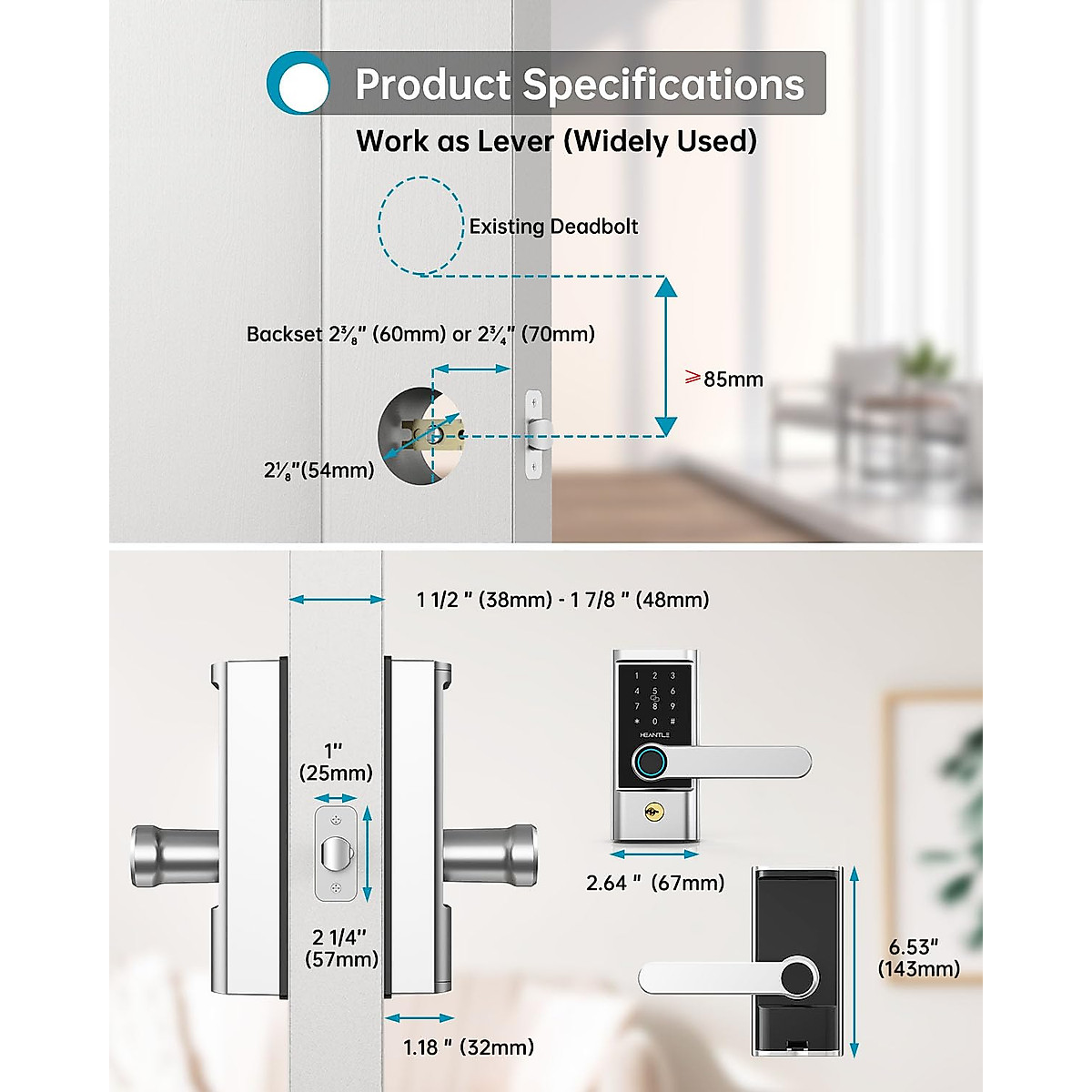 Smart Lock Keyless Entry Door- HEANTLE Fingerprint Bluetooth Electronic Lever Touchscreen Keypad Deadbolt Alternative Digital Handle for Front Door Auto Lock Compatible with Alexa Silver