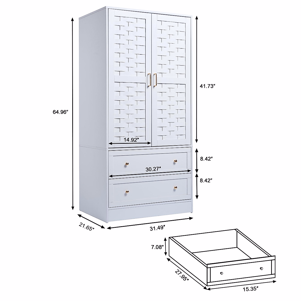 LEVNARY Armoire Wardrobe Closet with 2 Woven Doors, Wardrobe Cabinet with 2 Storage Drawers and Hanging Rail, Freestanding Wooden Closet for Bedroom (White)