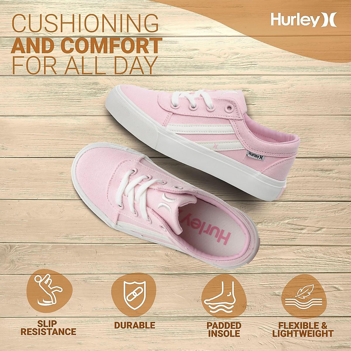 Hurley Boardy Lace-up Skateboard Shoe - Low top Lace-up Sneaker - Fashionable Skater Shoe for Boys & Girls - Lightweight Classic Casual Kids Skates Pink White