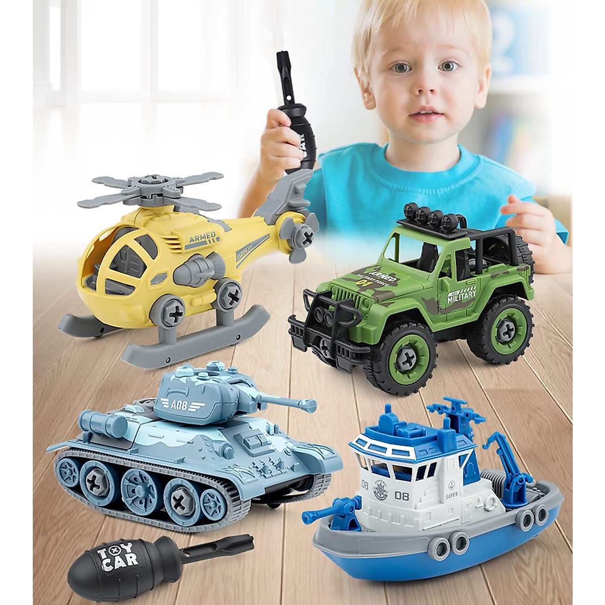 Take Apart Military Toys for 3 4 5 6 7 8 Year Old Boys Construction Vehicle Toys with Drill for Kids STEM Learning Building Toy Helicopter, SUV, Tank, Warship Pack of 4
