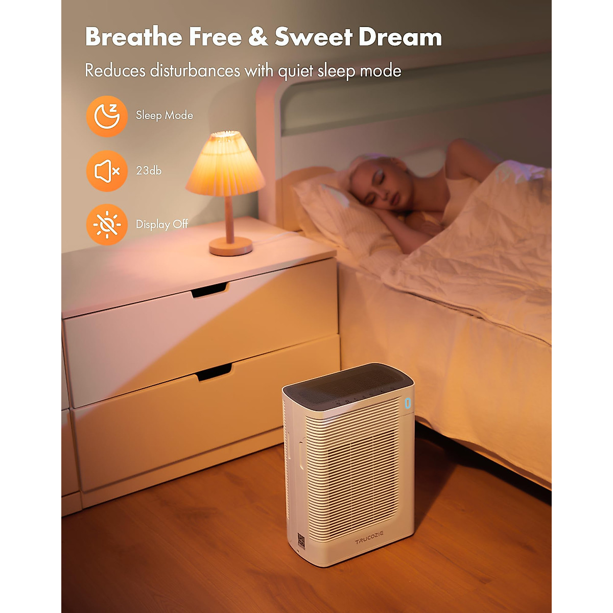 Trucozie Air Purifier for Home Large Room Bedroom Up to 1937 Ft² in 1 Hr With Double-sided Air Inlet, Air Quality and Light Sensors, HEPA Sleep Mode for Allergies, Dust, Pollen, Pet Hair, White