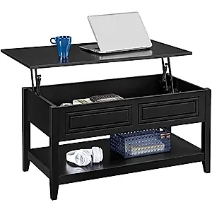 Yaheetech Lift Top Coffee Table with Hidden Compartment and Open Storage Shelf Pop Up Center Table for Living Room Reception, Black
