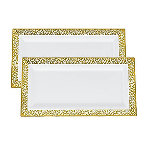 Yumchikel-Elegant Plastic Serving Tray & Platter Set (2pk) - White & Gold Rim Disposable Serving Trays & Platters for Food - Weddings, Upscale Parties, Dessert Table, Cupcake display - 7.5 x 14 inches