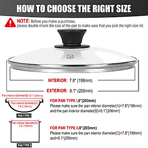 Pan Lid 8 Inch - Tempered Glass Pot Lid - Replacement Pan Cover for Cast Iron Skillets, Frying Pans, Pots and Wok, Heat Resistant Handle