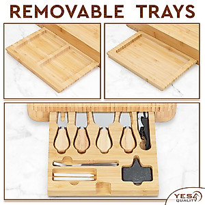 Charcuterie Boards Deluxe Gift Set - 23 Pieces, Bamboo - Large Cheese Board Plus Fruit Tray for Thanksgiving Party, Christmas Present, Birthday w/ Utensil Drawer, Knives, Forks, Wine Opener & More