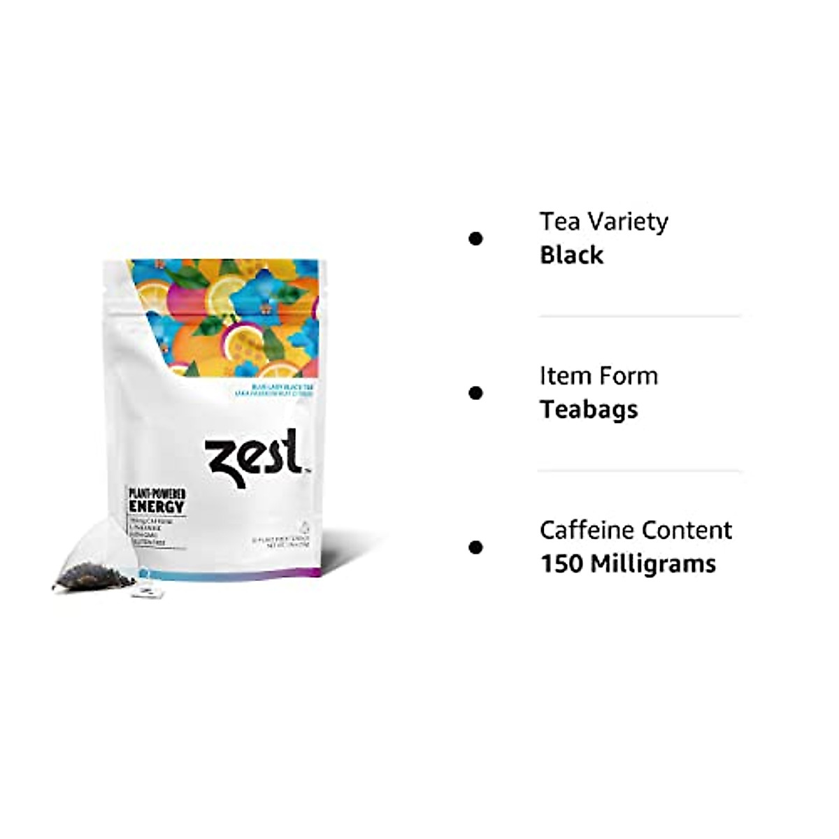 Zest 150mg High Caffeine Energy Leaf Blend - Blue Lady Black Tea - 20 Pack Bag - Hot or Iced - All Natural Strong Flavored Healthy Coffee Alternative Highly Caffeinated Substitute - Perfect for Keto