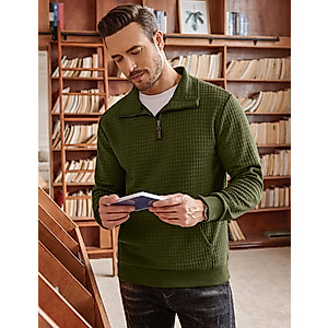 COOFANDY Mens Quarter Zip Sweatshirt Long Sleeve Casual Waffle Pullover Sweatshirt with Pocket Army Green