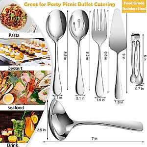 IAXSEE 6 PCS Stainless Steel Serving Utensils, Large Serving Spoons Slotted Spoons, Forks, Ice Suger Tongs, Cake Server, Soup Ladle, Metal Utensils Set Great for Buffet Catering Banquet Party, Silver