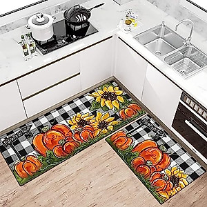 Faptoena Fall Kitchen Rugs Set of 2,Pumpkin Patch Sunflower Thanksgiving Floor Mats and Rugs Non Skid Washable for Kitchen Home Decor,Fall Farmhouse Decorations and Accessories (17"x47"+17"x30")
