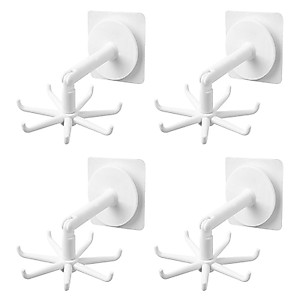 INCREWAY 360° Rotating Folding Hook, 4pcs 7-Claw Nail-Free Rotating Shelf Self Adhesive Kitchen Utensil Hooks for Kitchen Bathroom，White