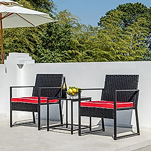 Aug-guan Patio Furniture Set,Wicker Bistro Set 3 Pieces Outdoor Furniture,Rattan Table and Patio Chairs Set for Balcony,Yard,Porch and Deck-red