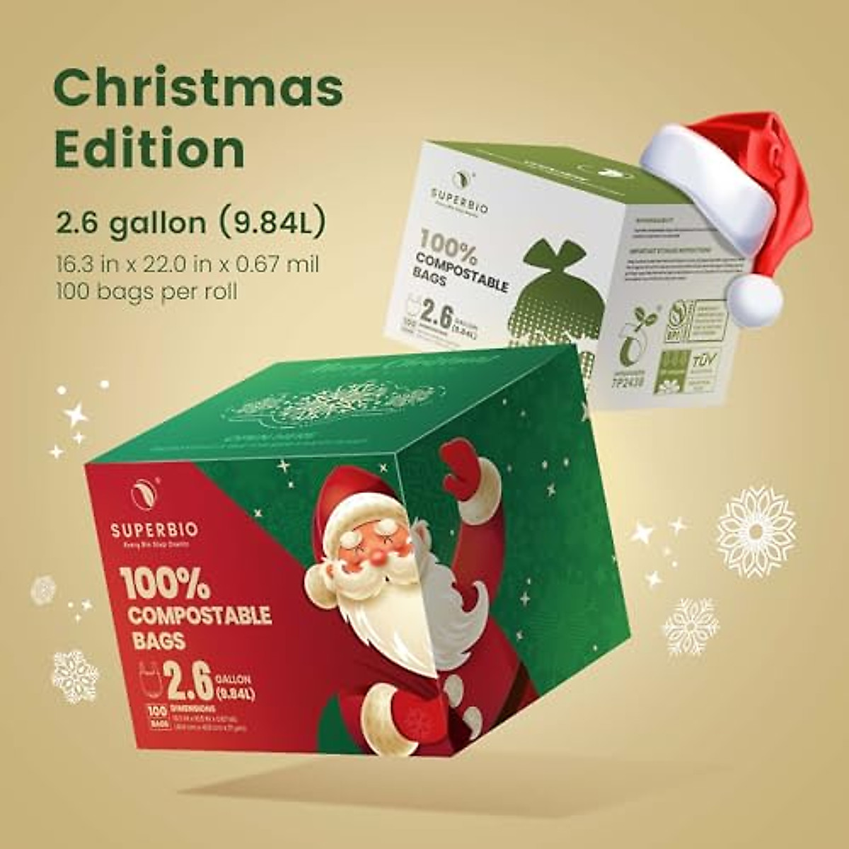 SUPERBIO 2.6 Gallon Compostable Handle Tie Food Waste Bags, 100 Count, 1 Pack, Christmas Gift Package,Christmas Special Edition