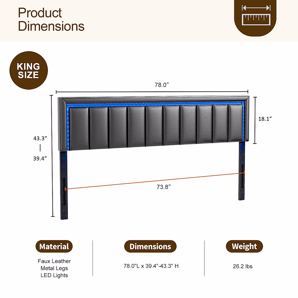 IKIFLY King Size LED Headboard with 2 USB Ports, Adjustable Height - Modern Faux Leather Headboard with Changing LED Lights - Easy Assembly, Upholstered King Headboard Only for Bedroom - Black