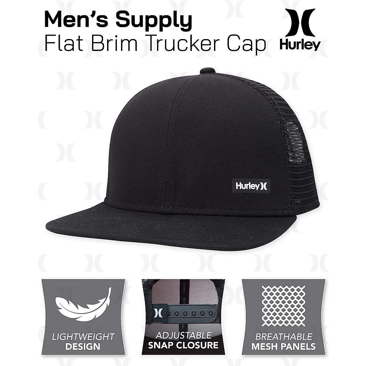 Hurley Men's Caps - Flat Brim Snap Back Baseball Cap Supply Trucker Hats for Men, Size One Size, Black