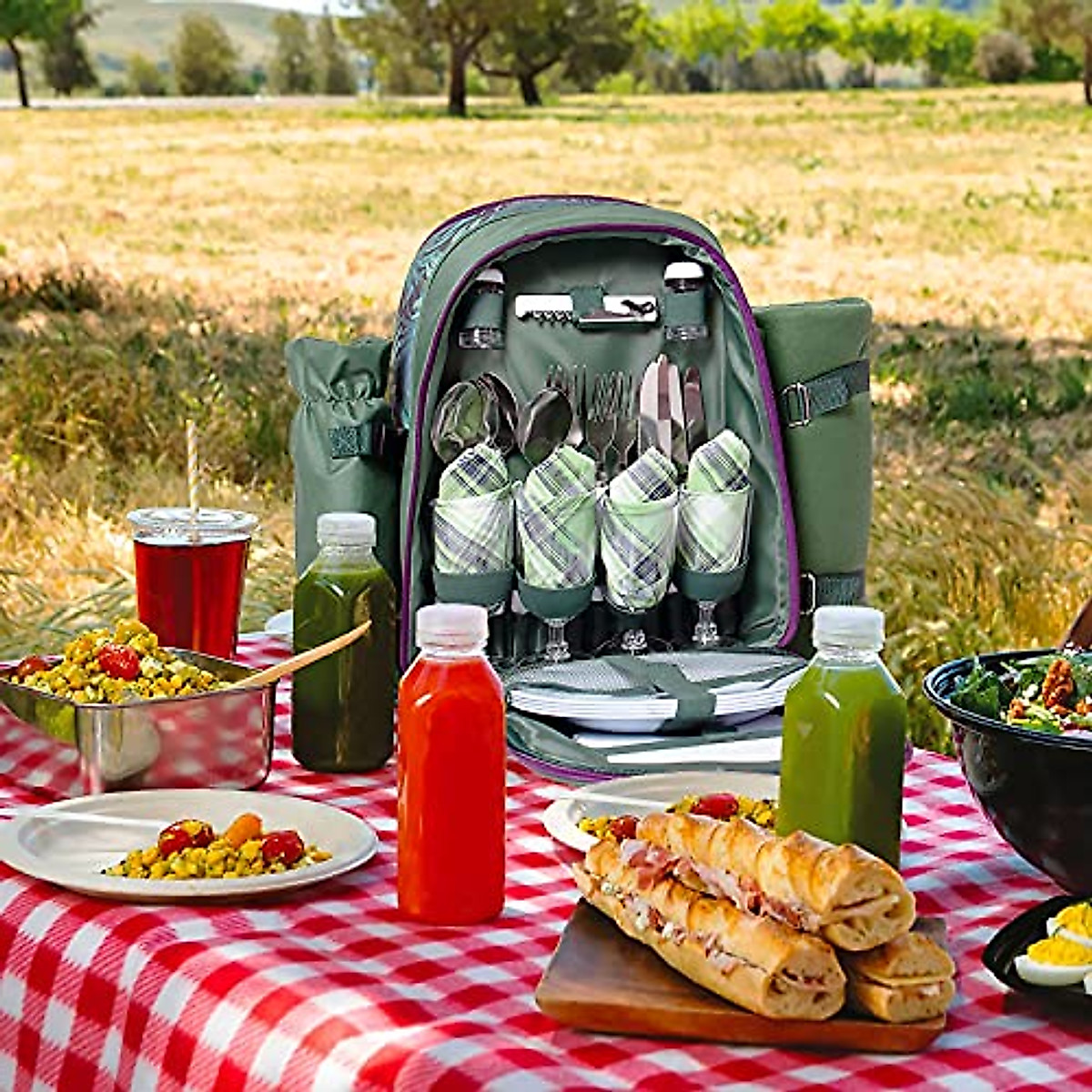 Picnic Backpack for 4 Person, Large Picnic Bag Set with Cooler Compartment, Wine Bag, Picnic Blanket for Camping, Day Travel, Hiking, BBQs, Family or Wedding Gifts (Green)