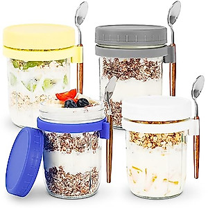 GUEQUITLEX Overnight Oats containers with lids and Spoon 12 oz Overnight Oats Jars Airtight Glass Mason Jars for Milk, Cereal, Fruit