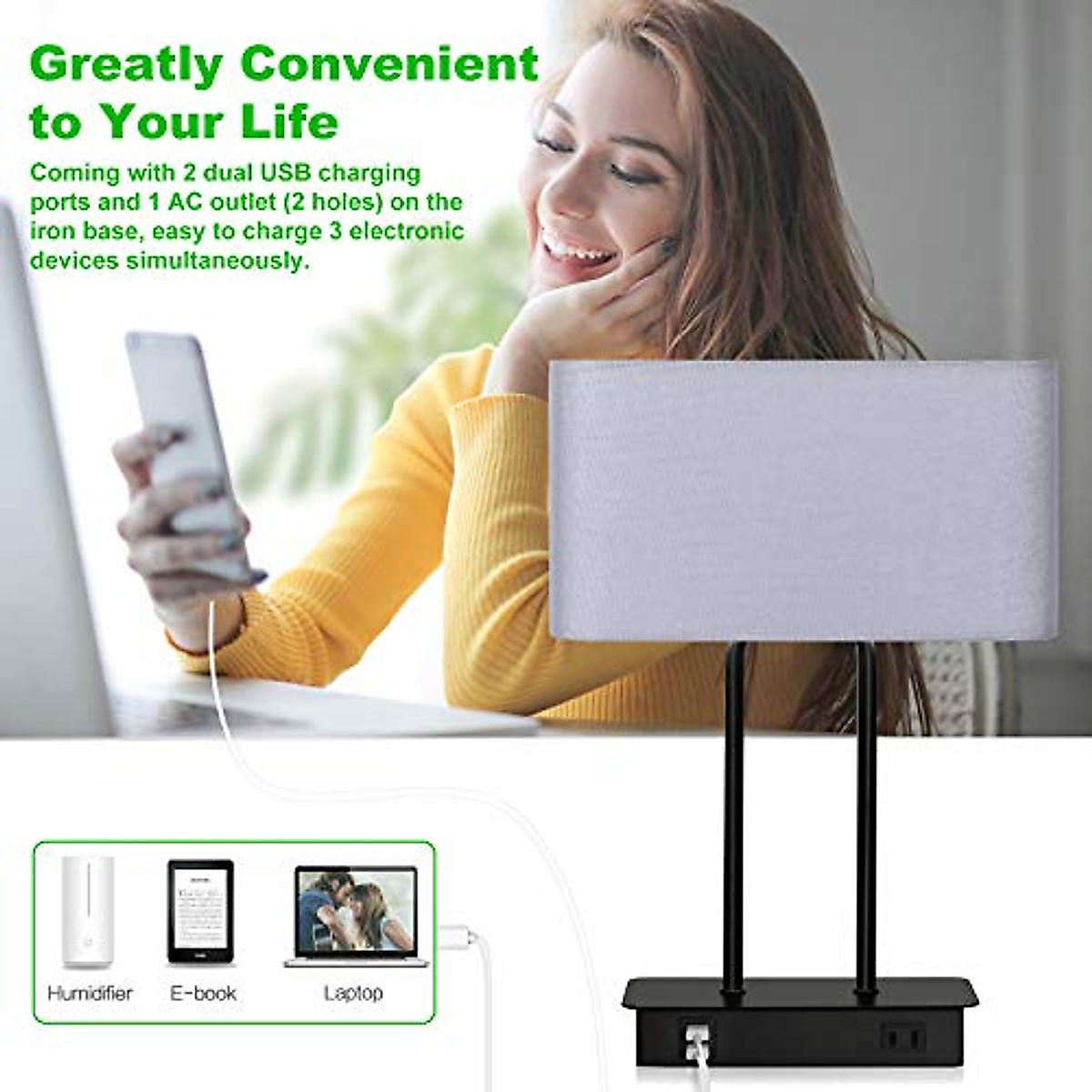 Bedside Touch Control Table Lamp with Dual USB Charging Ports 1 AC Outlet, 3 Way Dimmable Modern Nightstand Lamp with Grey Fabric Shade, Desk Lamp for Bedroom Living Room Office with 5000K LED Bulb