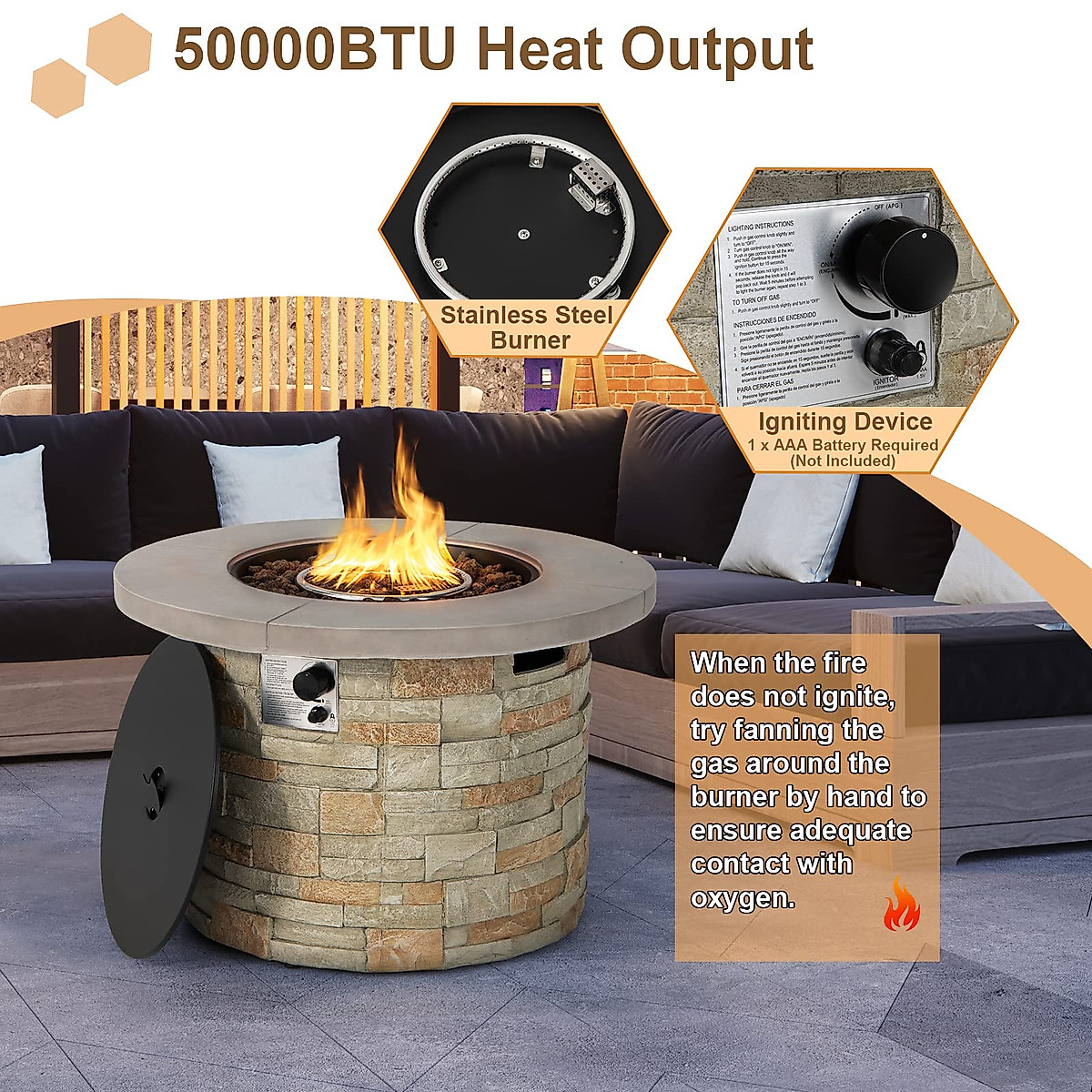 Giantex Propane Gas Fire Pit Table - 2-in-1 Outdoor 36” Round Fire Table W/Volcanic Rock & PVC Cover, Stainless Steel Burner, 50,000 BTU Heat Output, Faux Stone Surface Outside Fireplace for Patio