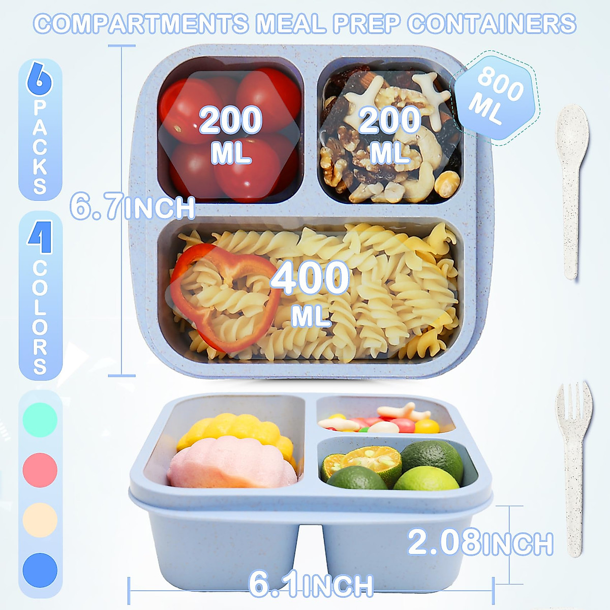 DESLON Kids Bento Box 6 Pack, 3 Compartment Snack Containers, Meal Prep Containers Reusable Lunch Containers for Kids Toddler Adults, Small Bento Snack Box for School, Work and Travel