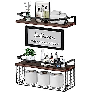Floating Shelves for Wall Mounted, Wood Bathroom Shelves Over Toilet with Basket Set of 2, Bathroom Wall Décor Shelves, Decorative Storage Shelves for Bedroom, Living Room, Kitchen, Plants –Dark Brown
