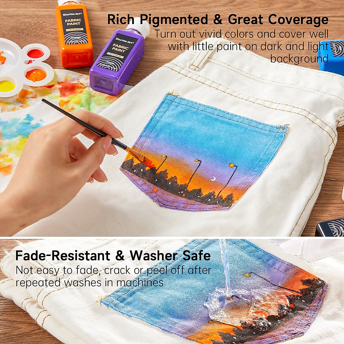 Fabric Paint, Shuttle Art 18 Colors Permanent Soft Fabric Paint in Bottles (60ml/2oz) with Brushes, Palette, Stencils, Non-Toxic Textile Paint for T-shirts, Shoes, Jeans, Bags, DIY Projects&Art Crafts