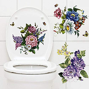 3Pcs Peony Rose Lavender Butterfly Flower Wall Stickers Beauty Flowers Decals Self Adhesive Removable Waterproof Vinyl Art Murals for Living Room Bedroom Toilet Restroom House DIY Decoration (Style D)