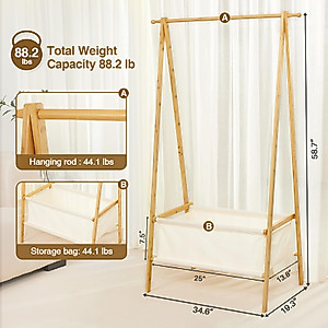 Cozivolife Bamboo Clothes Rack with Storage Box, Garment Rack Clothing Racks for Hanging Clothes, Foldable Wardrobe Storage Rack for Entryway and Bed Room (Natural)