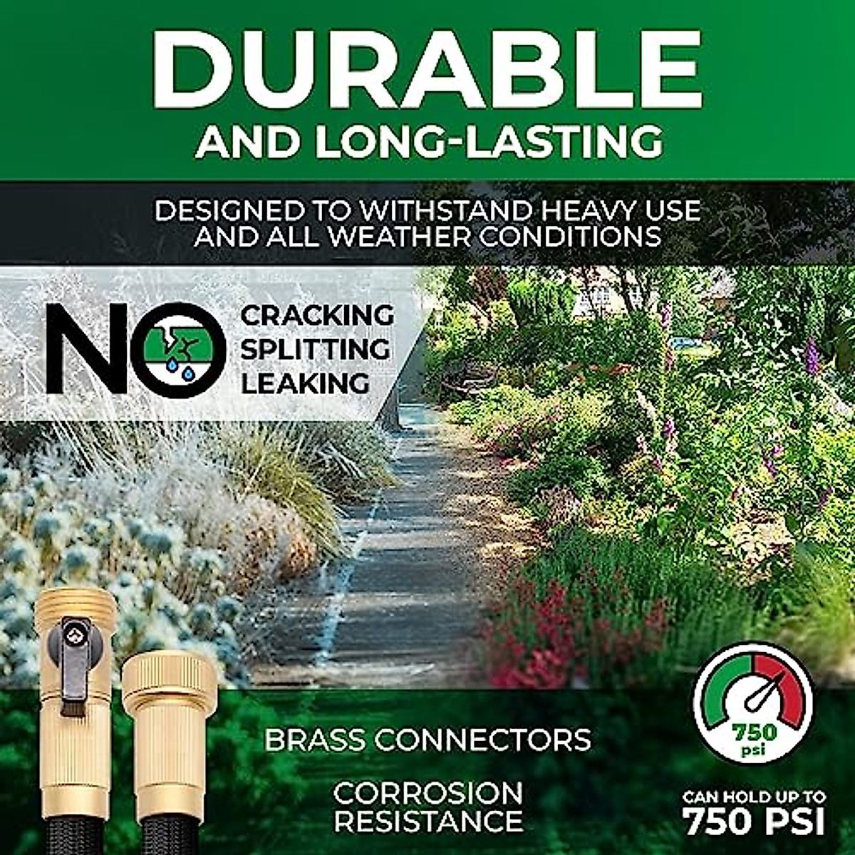 LightHose Garden Hose, NON-EXPANDABLE Garden Hose, Super Light Weight Hose, No Burst, 3/4 inch Solid Brass Connectors, 50 Ft, Black