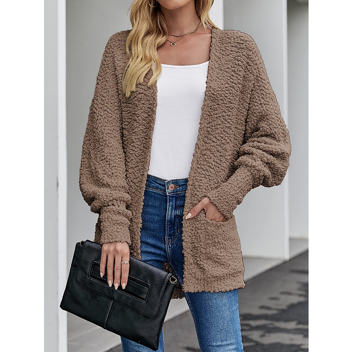 MEROKEETY Women's 2025 Winter Fuzzy Popcorn Batwing Sleeve Cardigan Knit Oversized Sherpa Sweater Coat, Mocha, Small
