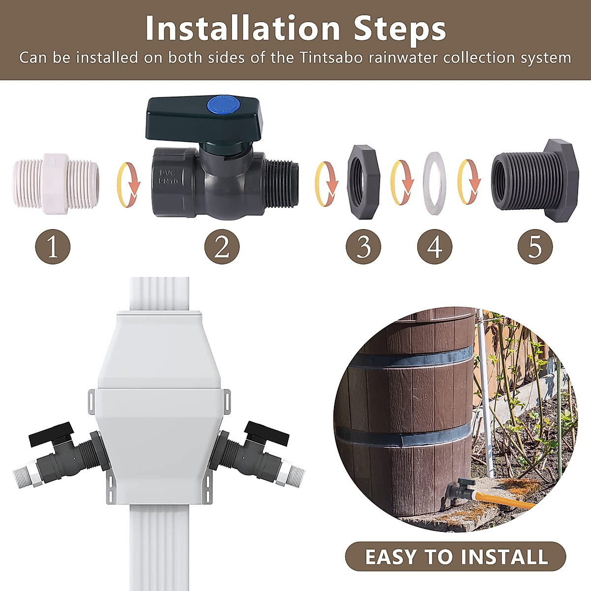 Tintsabo Rain Barrel Diverter Kit, Rainwater Collection System with Rain Barrel Spigot, Rain Barrel Diverter Fits for 2x3 or 3x4 Inch Downspout Diverter, Filtering Large Debris