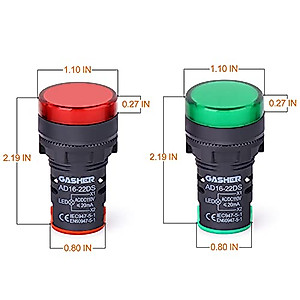 GASHER 12V/24V/110V 20mA Energy Saving Indicator Light Mounting Hole Size 22mm (7/8 Inch) Red Green 10 Pcs