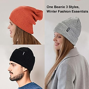 MSDC Beanies Women 3 Pack, Winter Hats for Women Men Fleece Lined Knit Warm Thermal for Cold Weather, Beanie for Women Fashionable Skull Cap(Black+Gray+Dark Orange)
