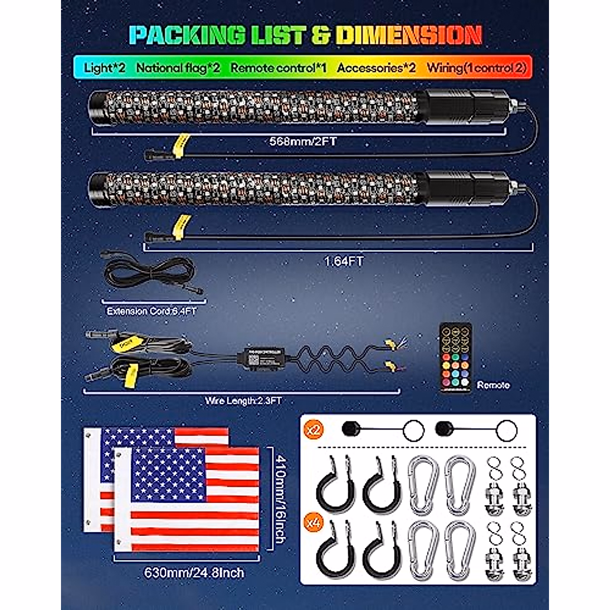 CO LIGHT Fat Spiral LED Whip Lights Thick Antenna 2FT Remote Control RGB Chasing/Dancing Light for UTV ATV 2PCS, APP-Supported 300 Colors & 200 Modes with Turn Signal, Brake Light, Reversing Light