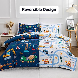 Holawakaka Trucks Tractors Cars Boy Bedding Comforter Set with Sheets, Full Size Cartoon Construction Car Excavator Print Kids Bed in A Bag 5-Piece, Boys Reversible Dorm Bed Sets (Navy Blue Full)
