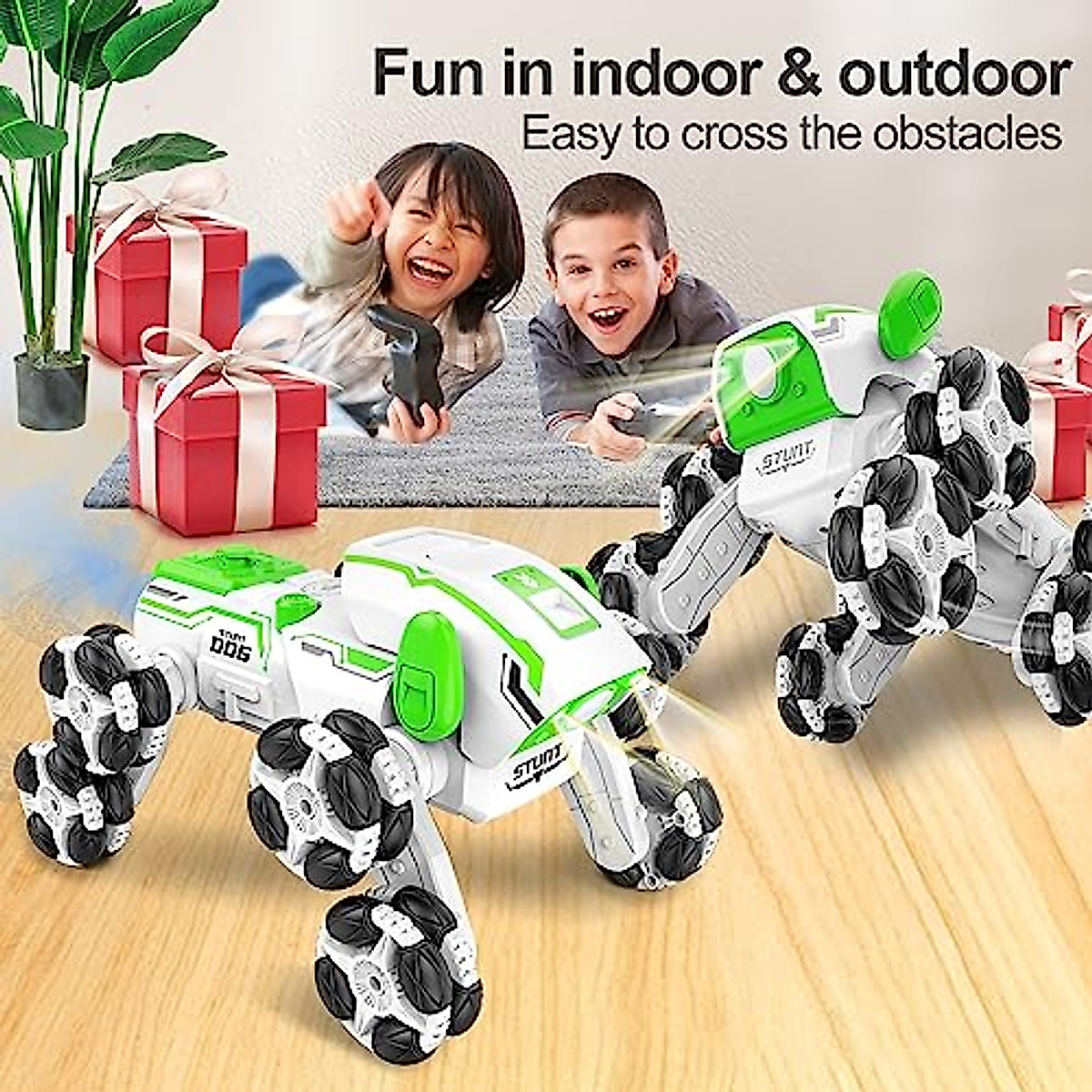 TRIPLEFINE Robot Dog RC-Car, 8WD Remote-Control-Car with Spraying Light, 2.4Ghz All Terrain Stunt-Car, 360°Rotating RC Truck Toys for Kids 8 9 10 11 12 Year Boys Girls Christmas Birthday Gift