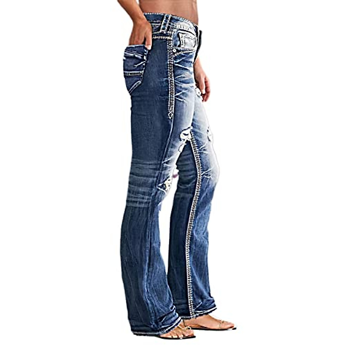 Flamingals Distressed Jeans for Women Mid Waist Ripped Flare Jeans Denim Pants 2023 Trendy Mid Blue L