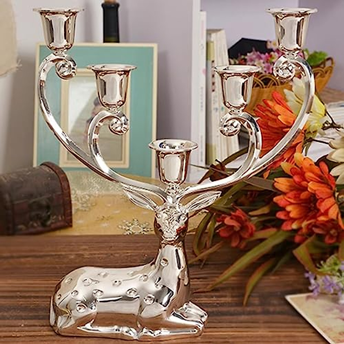 Candelabra Metal Candle Stand Deer Sculpture Candle Holders 5 Arms Candelabra Decorative Candlestick Holder