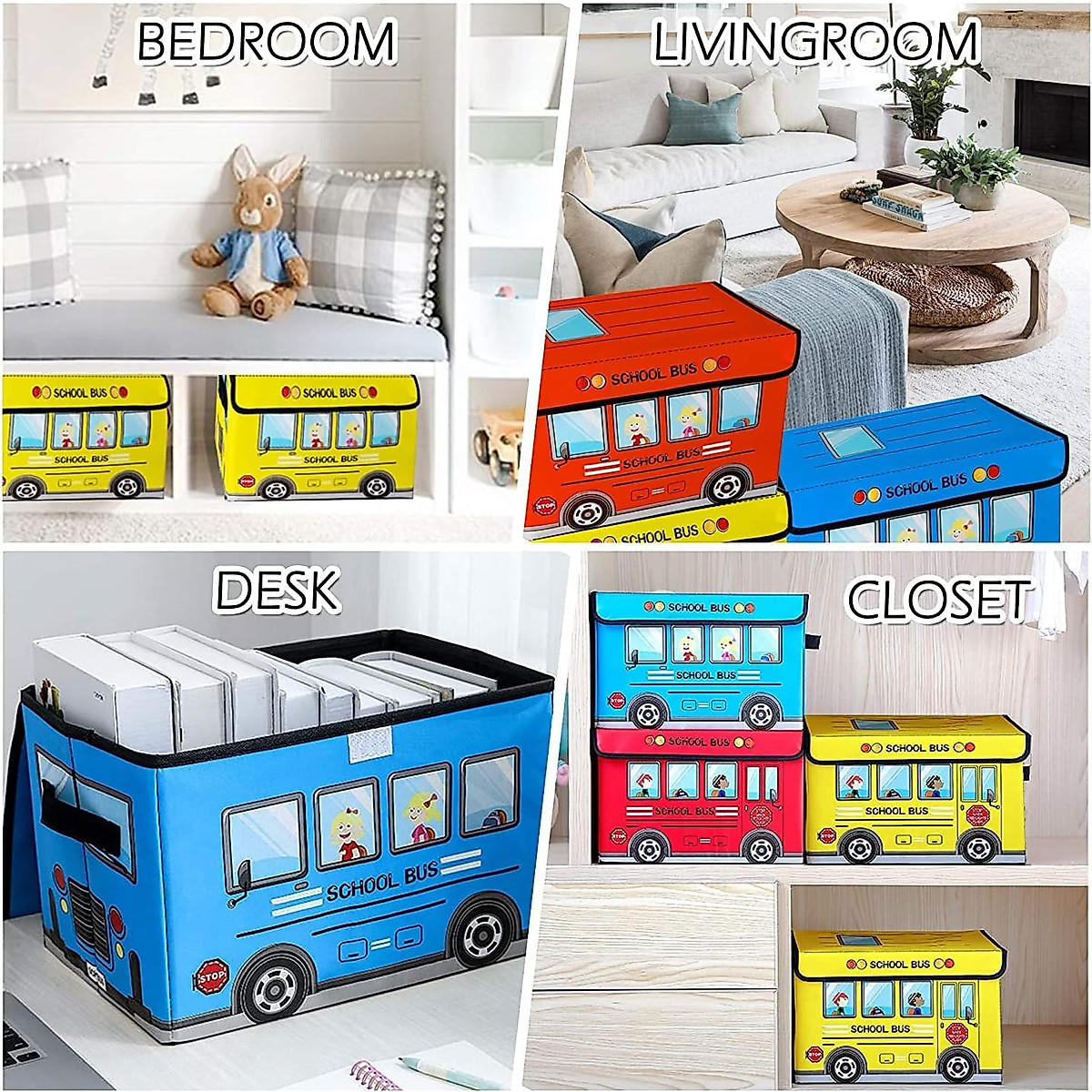 Bus Storage Box for Kids, Foldable Toy Boxes Books, Children's Toy Bin with Lids, School Design for Boys and Girls, Multi-Function Toy Box, Gift Set, Toddler Playroom (3)