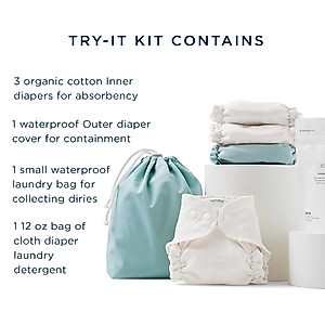 Esembly Cloth Diaper Try-It Kit, Starter Gift Set, Includes 3 Organic, Reusable Diapers Inners, 1 Stylish Outer, Patented Detergent & Wet Bag - Earth-Friendly Diapering, Mist, Size 1 (7-18lbs)